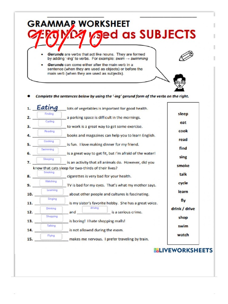 Ejercicio Interactivo de Gerunds As Subjects | PDF