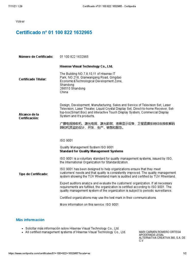 Certificado #01 100 822 1632965 - Certipedia | PDF | Iso 9000 | Quality Management