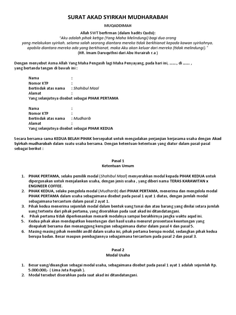 Surat Akad Syirkah Mudharabah 2023 | PDF