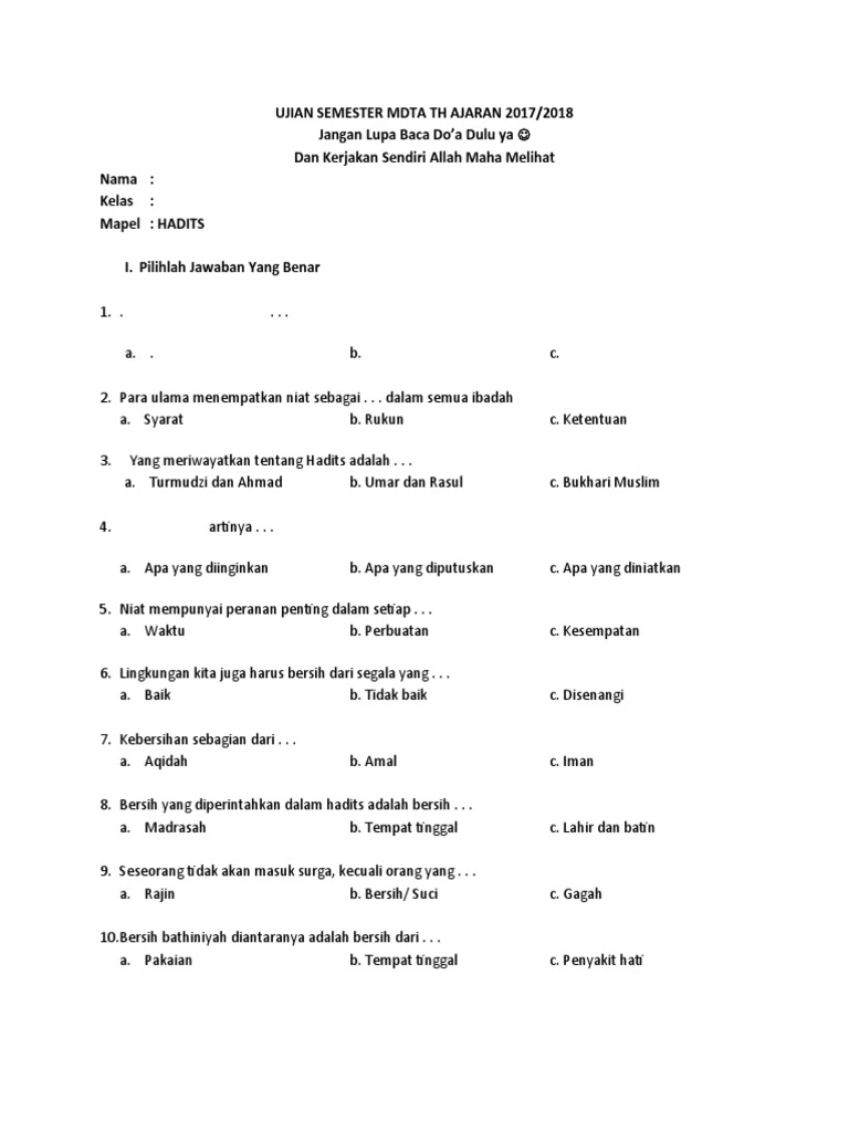 Ujian Semester Mdta Hadits | PDF