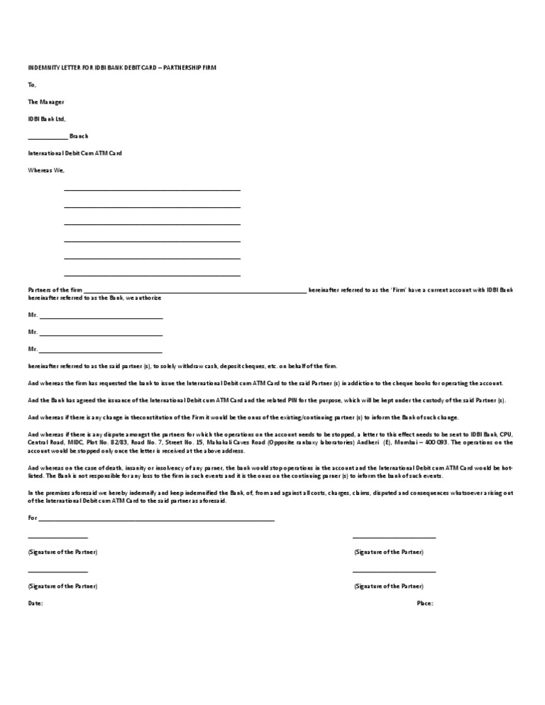 Indemnity Letter For Idbi Bank Debit Card | PDF | Debit Card ...