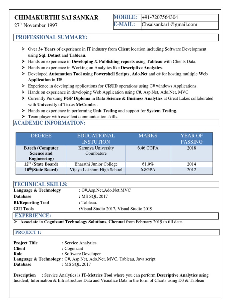Chimakurthisaisankarresume 3plus Yrs Download Free Pdf Microsoft Sql Server Analytics 