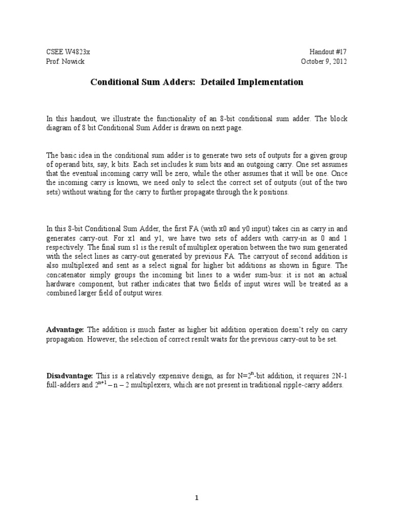 Conditional Sum Adder | PDF