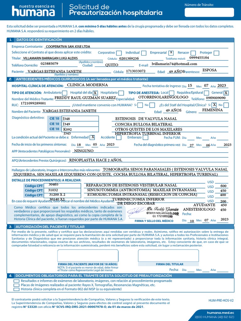 Vargas Estefania Janeth Solicitud-Preautorizacion | PDF | Historial médico | Especialidades Medicas