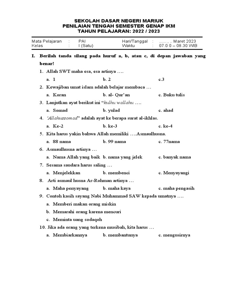 SOAL PTS II PAI Kelas 1 IKM | PDF