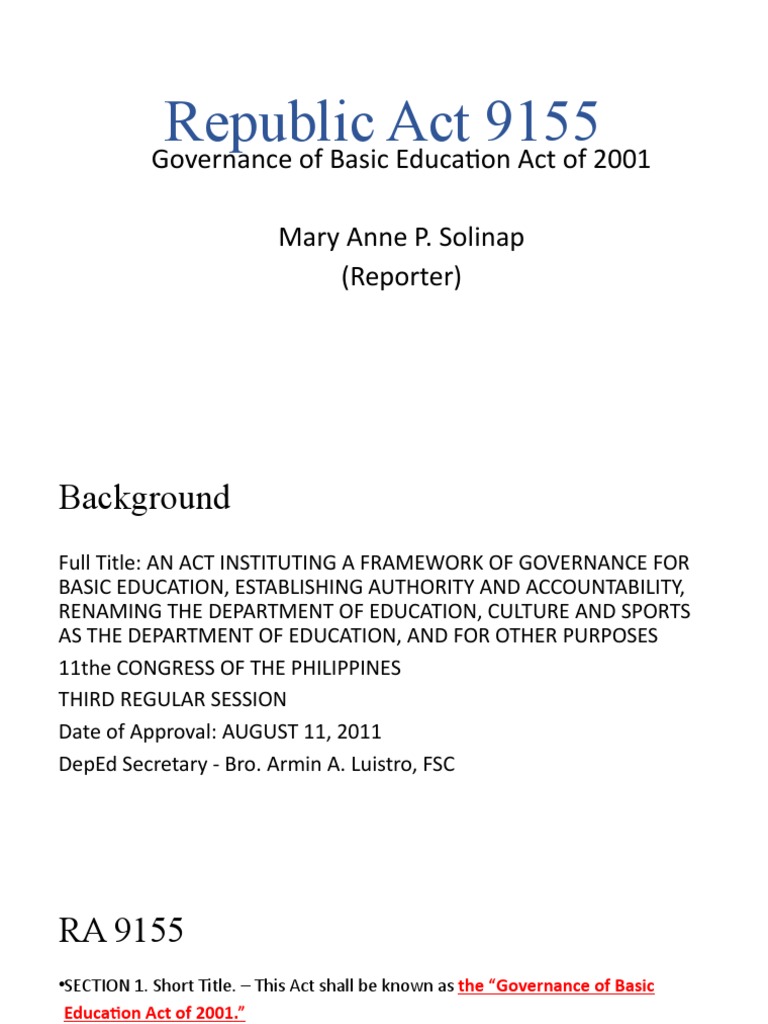 Republic Act 9155 | PDF | Governance | Teachers