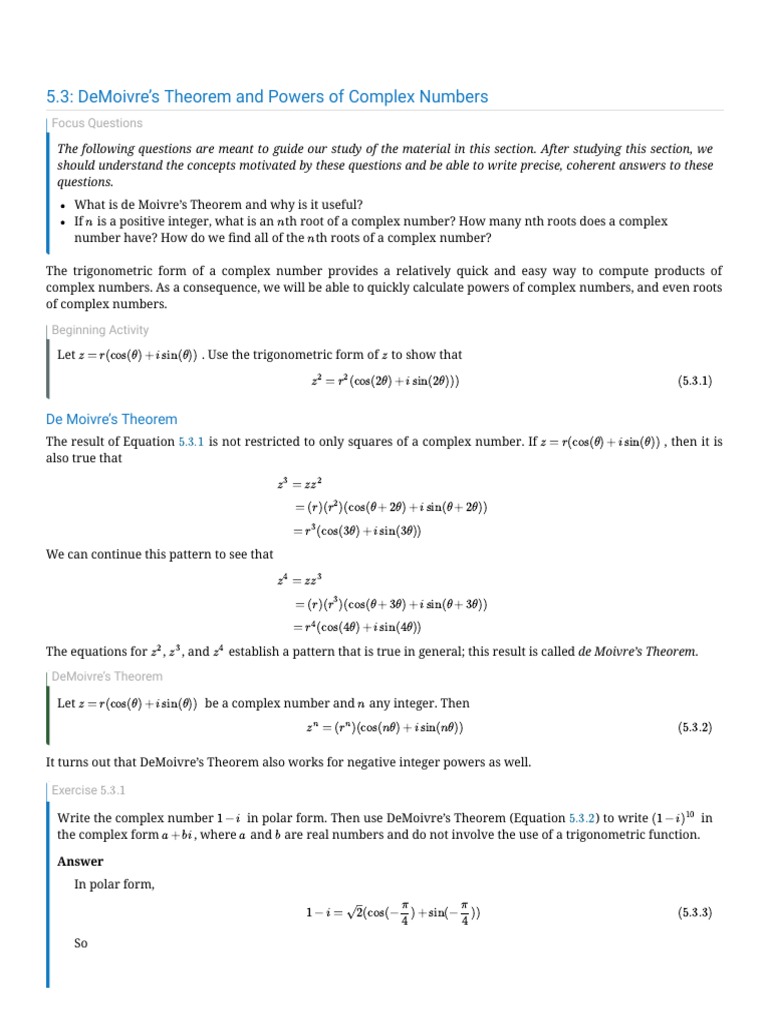 DeMoivre's Theorem and Complex Roots | PDF | Complex Number | Equations