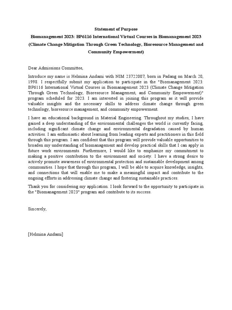 Statement of Purpose Biomanagement | PDF