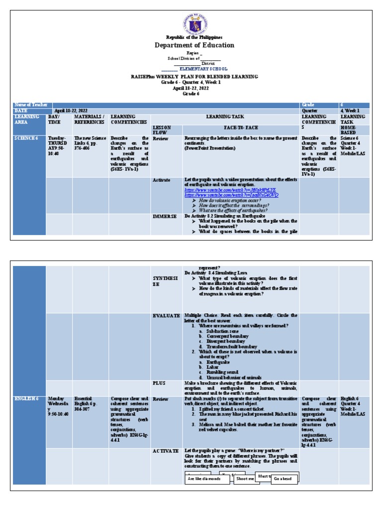 Raise-Plus-Wlp-Grade 6-Q4-W1 | PDF | Volcano | Types Of Volcanic Eruptions