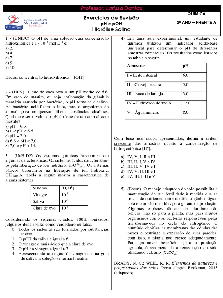 Exercícios pH, pOH e Hidrólise | PDF | Ph | Ácido