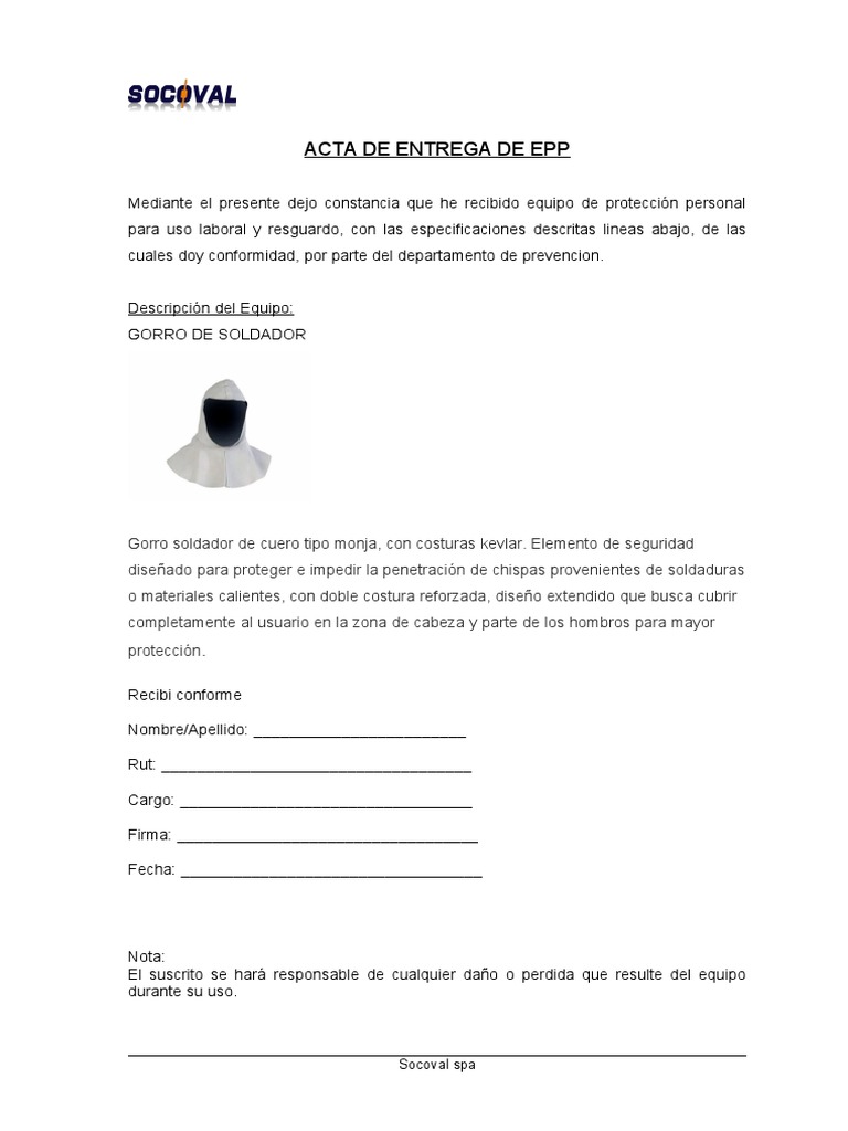 Formato de Acta de Entrega Epp Gorro de Soldar | PDF