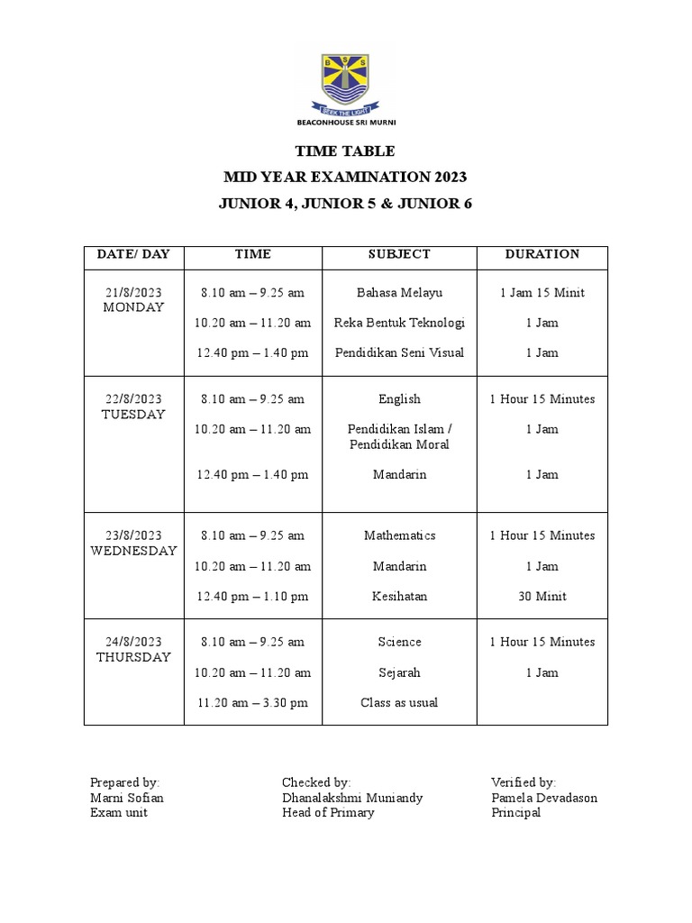 Mid Year Time Table | PDF