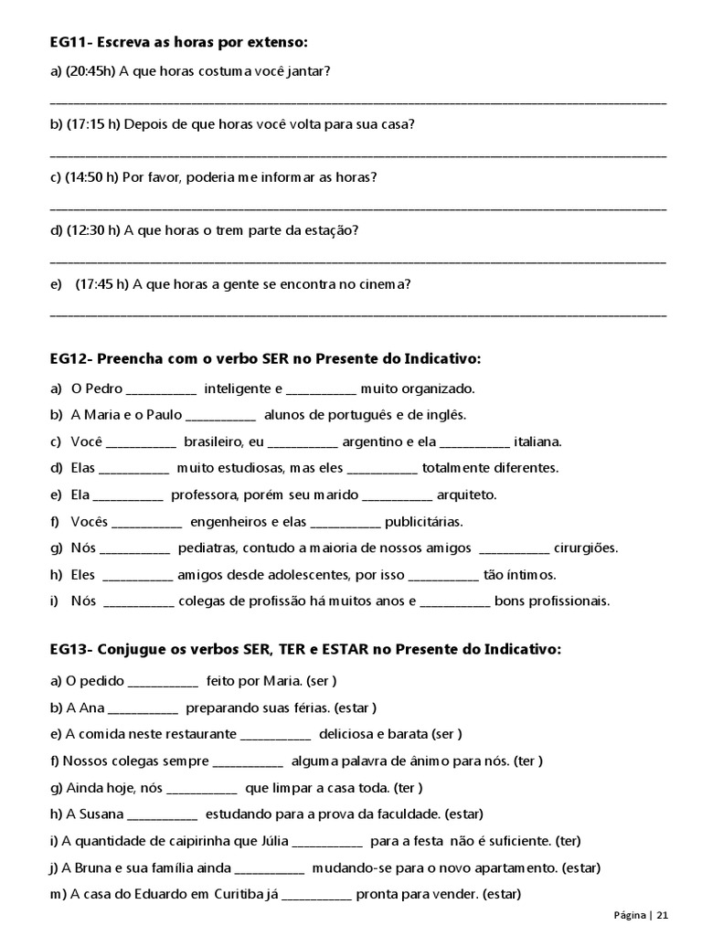 Exercício De Verbos Presente Pdf