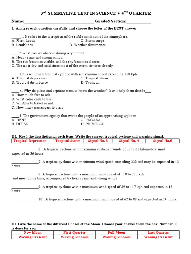3rd Summative Test in Science V 4th Quarter | PDF | Tropical Cyclones ...