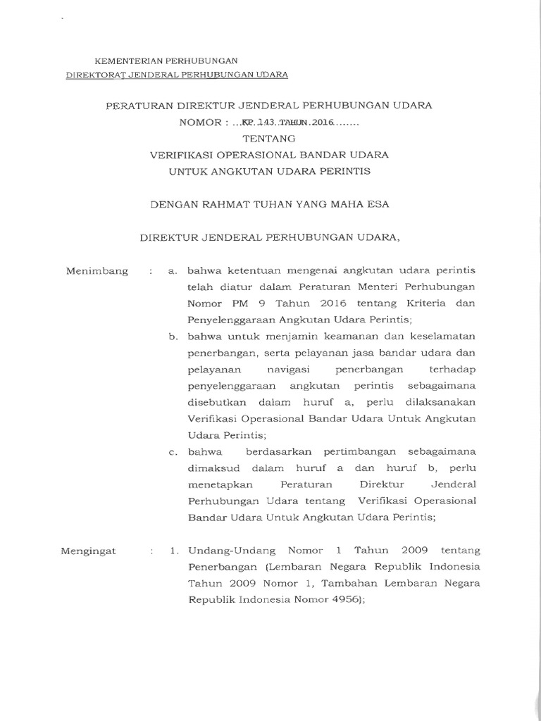 KP 143 Tahun 2016 Verifikasi Operasional Bandar Udara Untuk Angkutan Perintis | PDF
