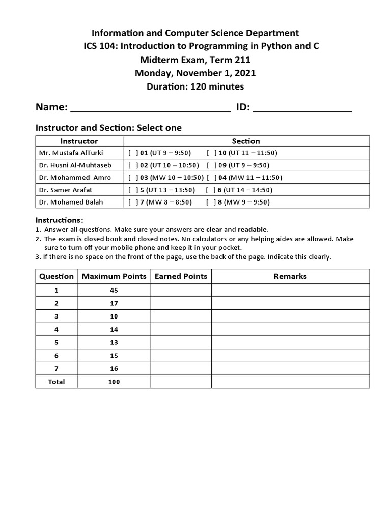 Ics104 Midterm v1 Key 211 | PDF | Python (Programming Language) | Compiler