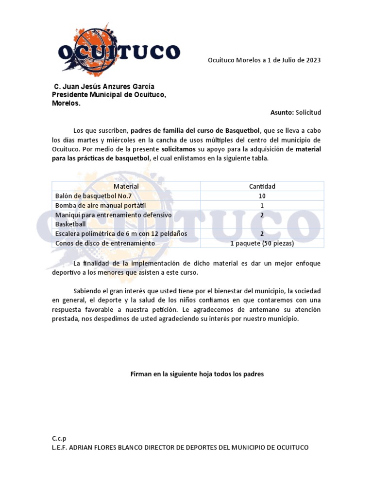 Solicitud Material Basquetbol | PDF