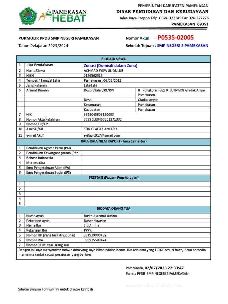 Formulir PPDB SMP Negeri 2 Pamekasan Achmad Syifa Ul Qulub | PDF