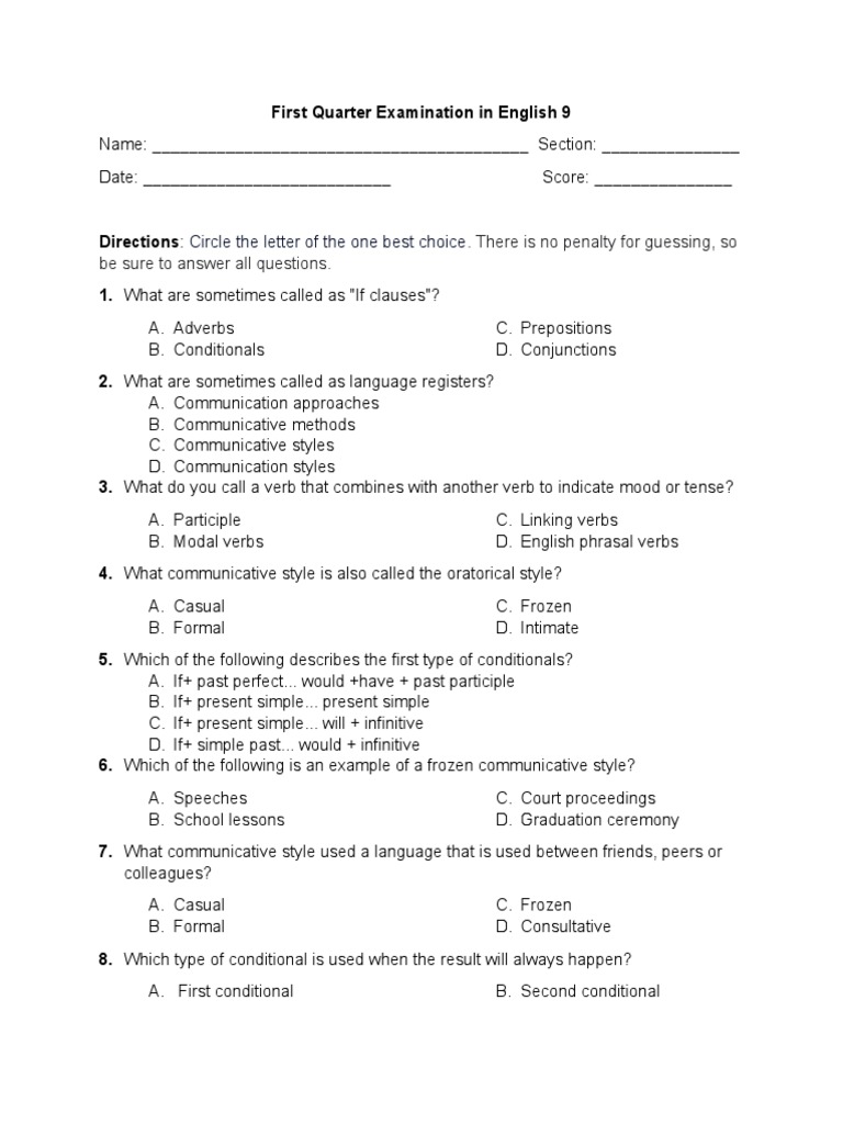 First Quarter Examination in English 9 | PDF | Verb | Linguistic Typology