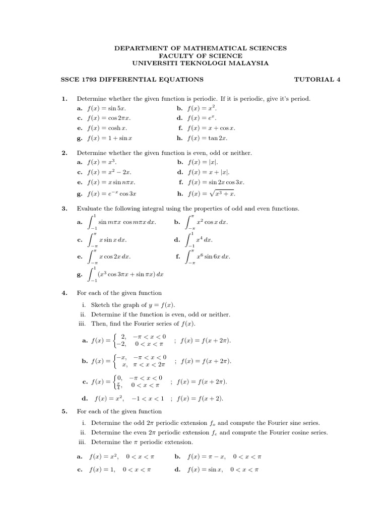 Differential Equations Tutorial 4 Solutions | PDF | Fourier Series | Pi