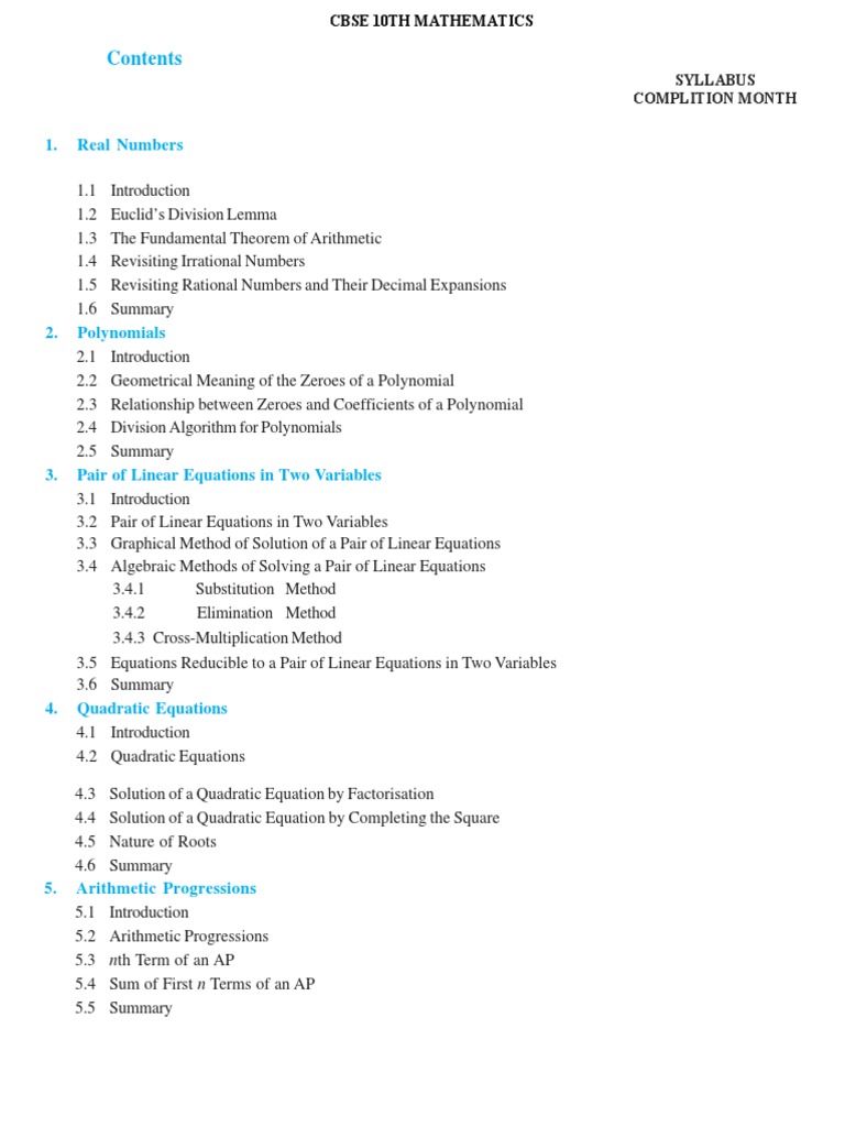 Ncert Class 10 Maths Contents | PDF | Equations | Quadratic Equation