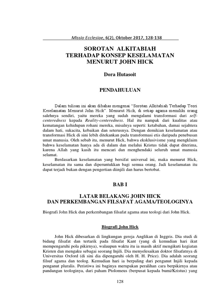 Sorotan Alkitabiah Terhadap Konsep Keselamatan Menurut John Hick | PDF | Filsafat