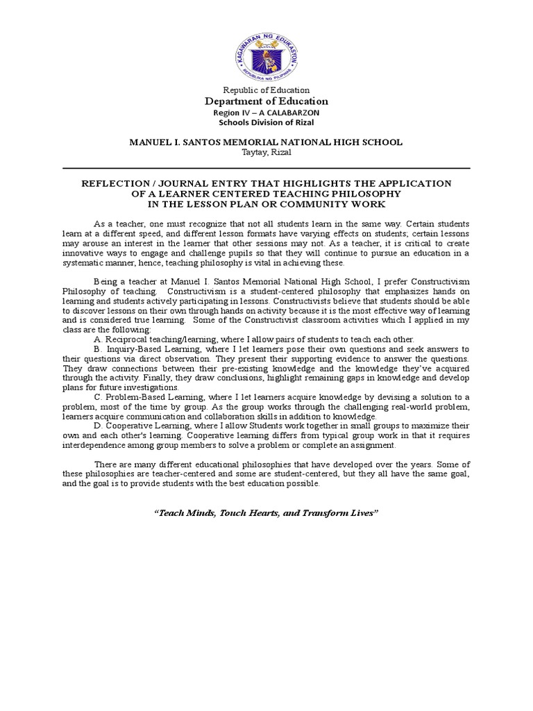 Reflection Journal | PDF | Constructivism (Philosophy Of Education) | Learning