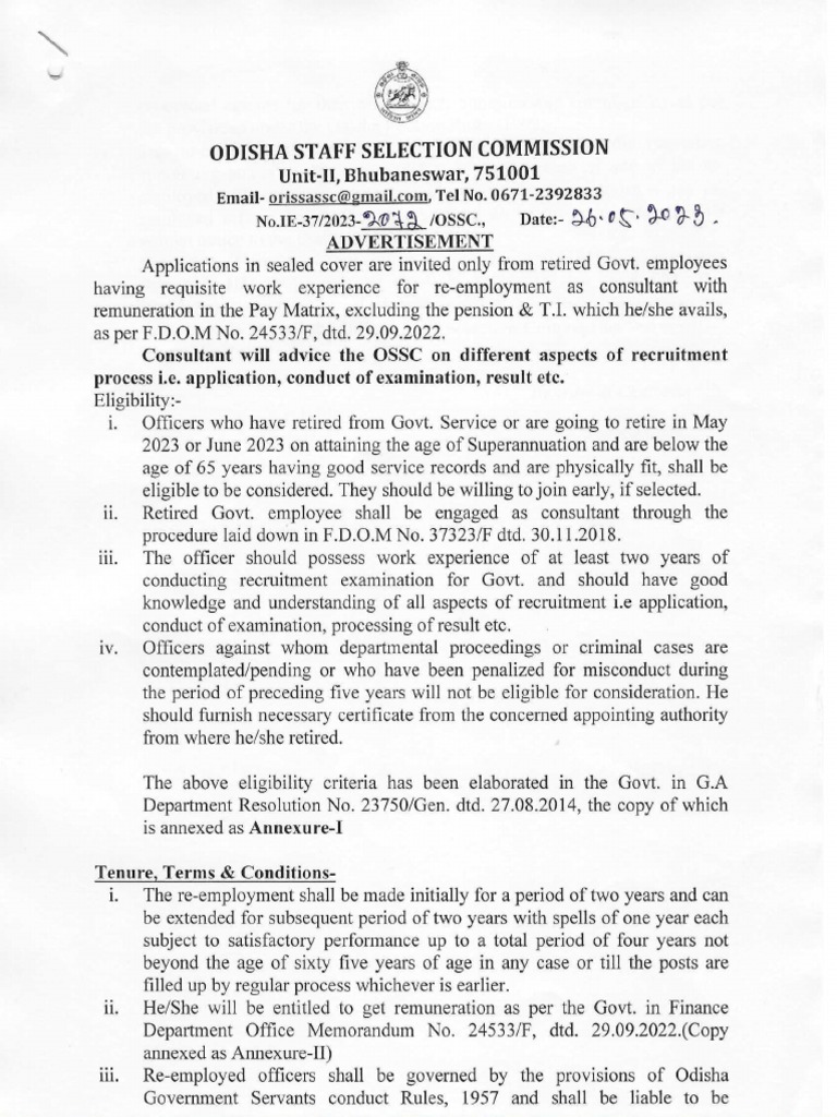 OSSC Notification and Application Form For Various Consultant Posts | PDF