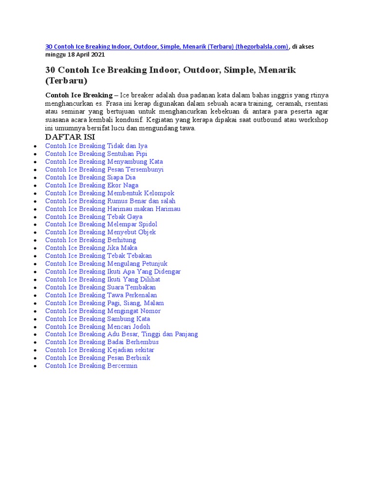Contoh Ice Breaking Indoor Menarik | PDF