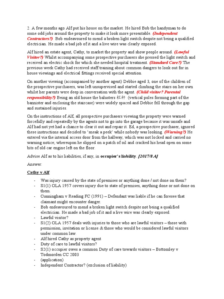 Tort Problem Questions - Occupiers Liability | PDF | Legal Liability ...