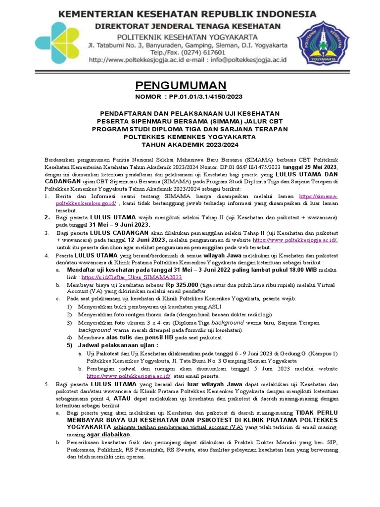 Pengumuman Tahap Ii - Uji Kesehatan Simama Polkesyo 30 Mei 23 Rev | PDF