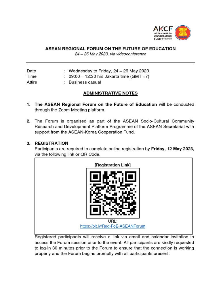 ASCC R&D Platforms (Future of Education) Regional Online Forum - Participant Administrative Note ...