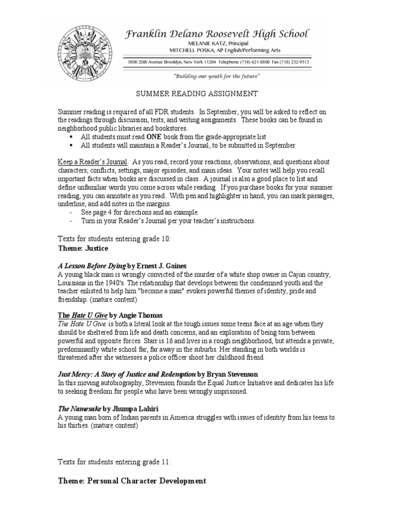 FDR Summer Reading Assignment Guide | PDF | The Giver | Books