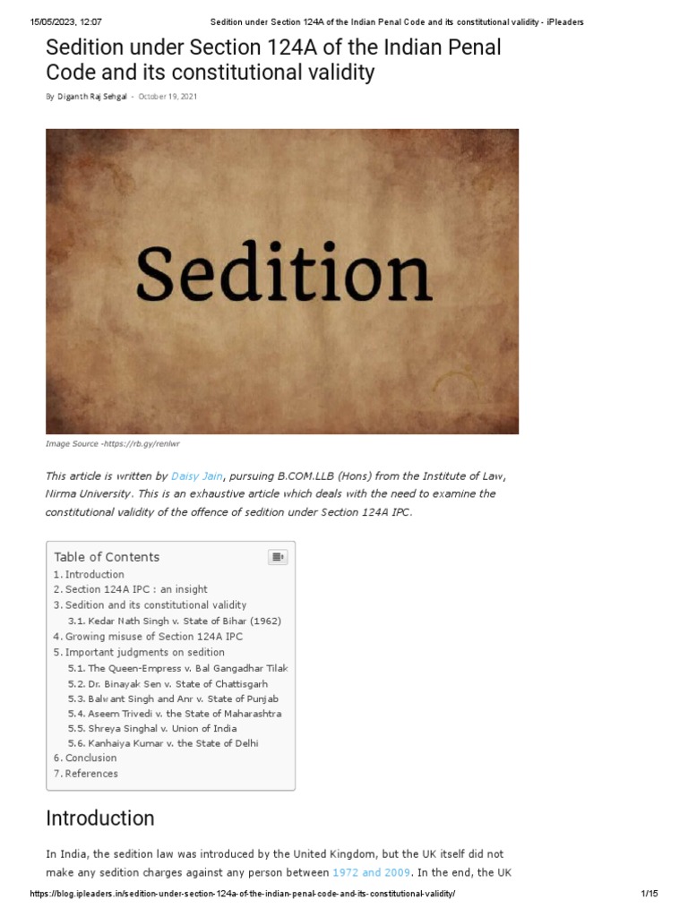 Sedition Under Section 124A IPC | PDF | Crimes | Crime & Violence