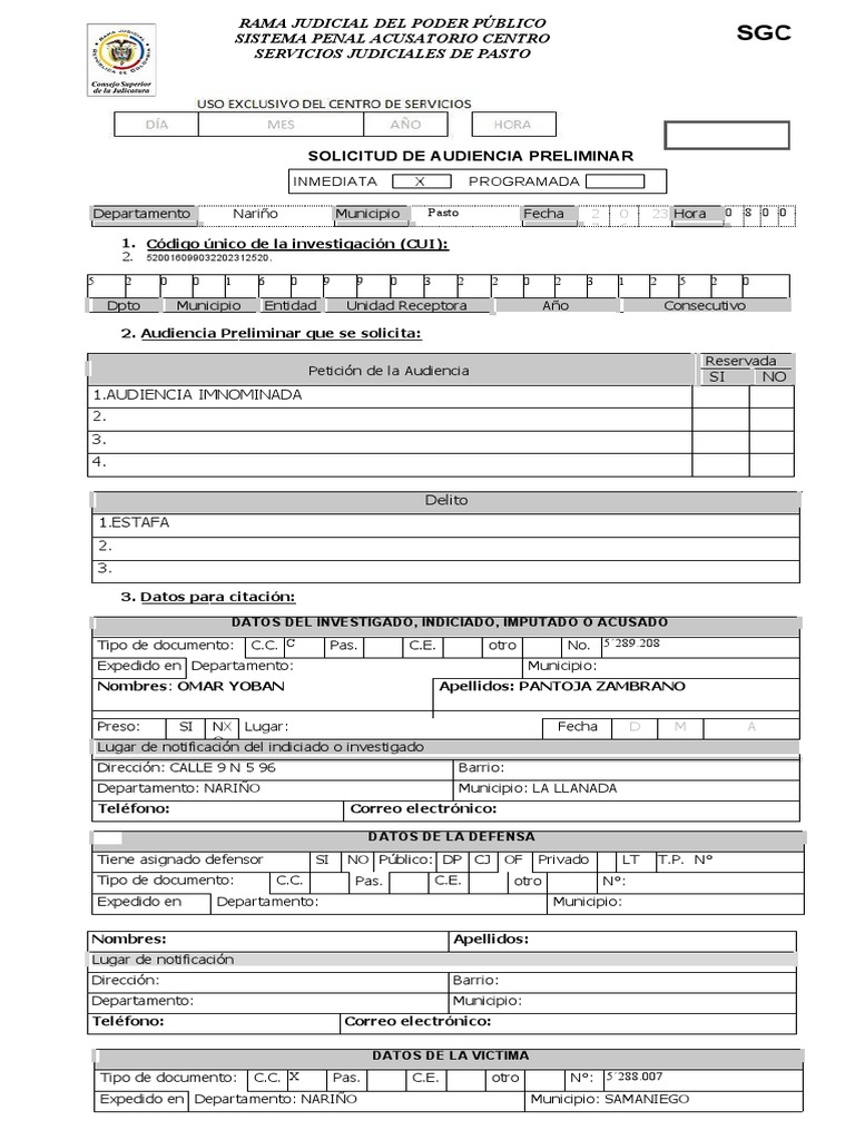 +FORMATO SOLICITUD AUDIENCIA PRELIMINAR Don Anibal | PDF | Justicia | Crimen y violencia