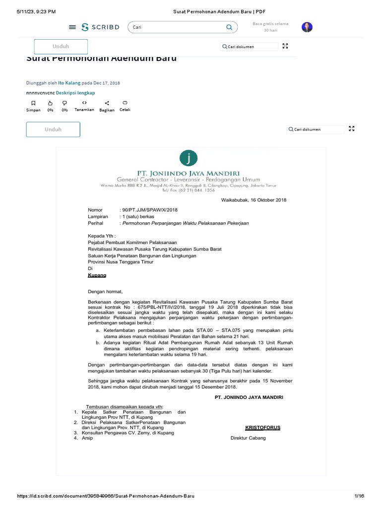 Surat Permohonan Adendum Baru - PDF | PDF