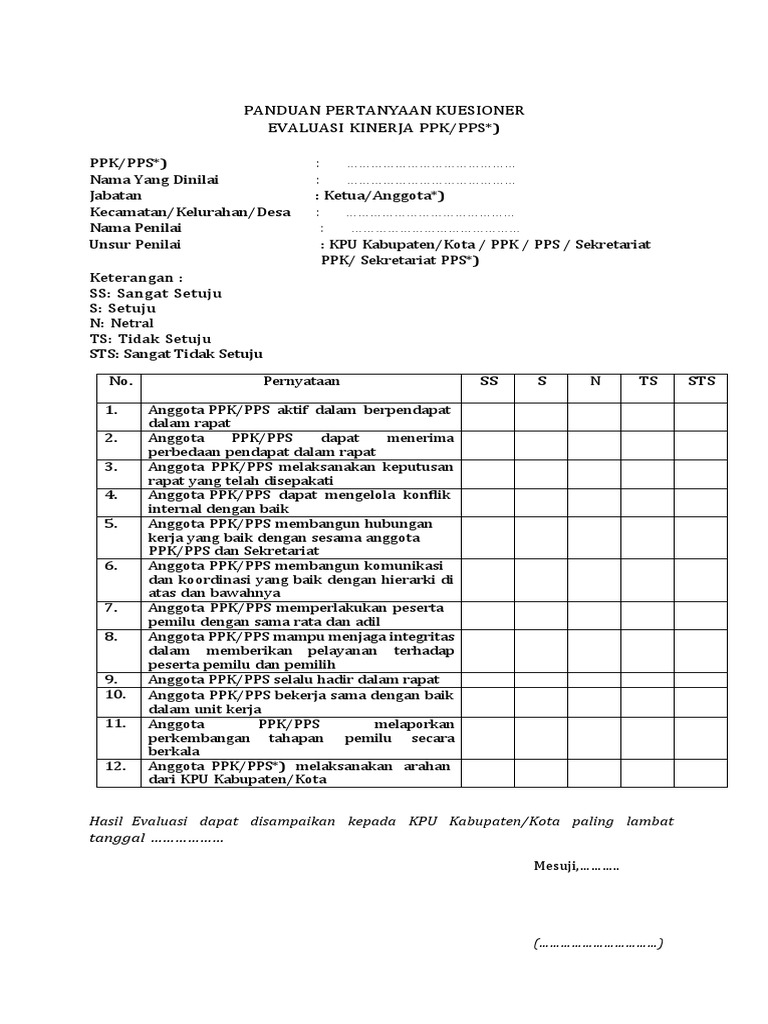 Evaluasi Kinerja PPK/PPS Kuesioner | PDF | Kajian Bahasa Asing