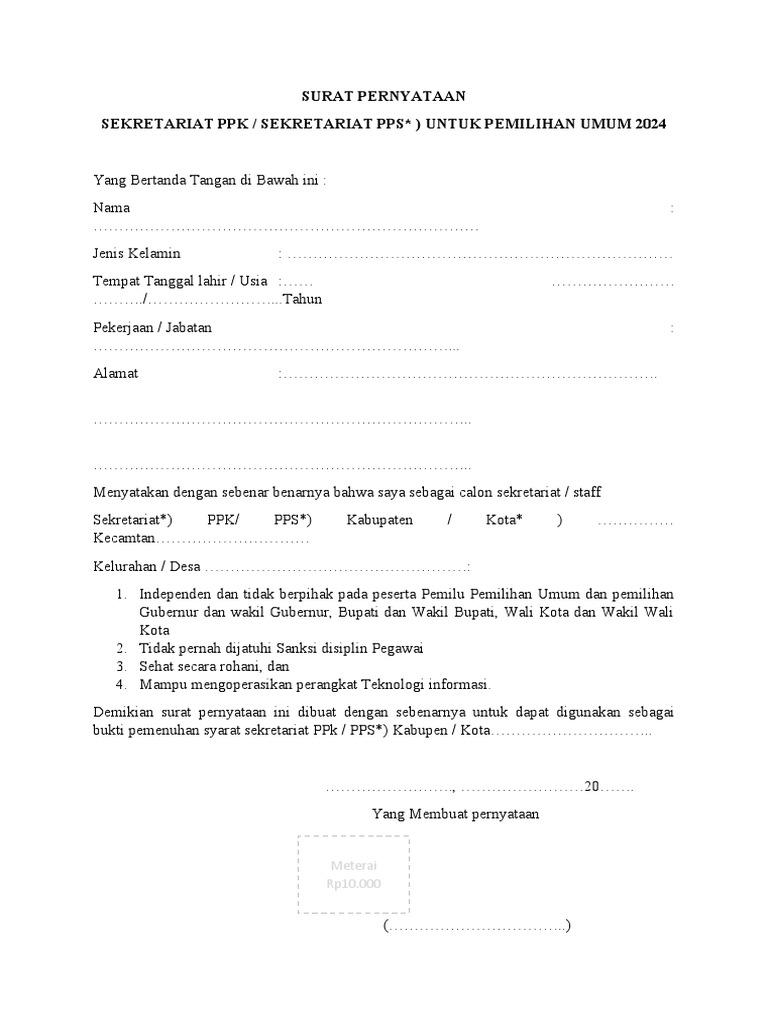 Surat Pernyataan Sekretariat PPK Dan Pps | PDF