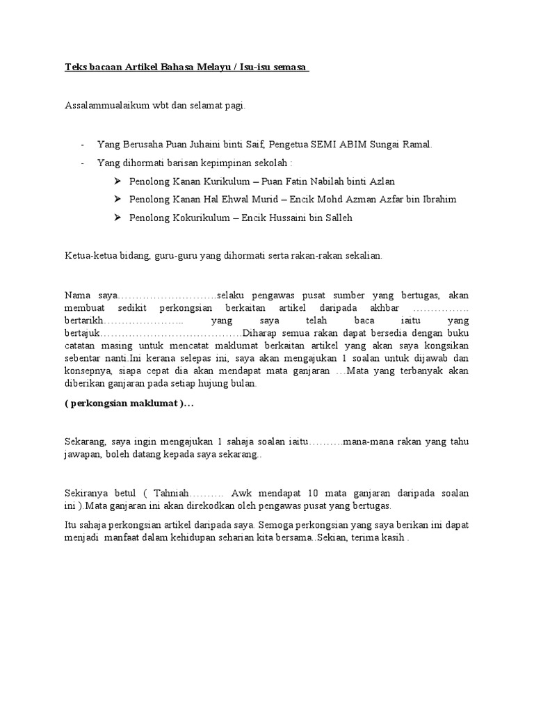 Teks Bacaan Artikel Bahasa Melayu | PDF Teks Bacaan Artikel Bahasa Melayu | PDF