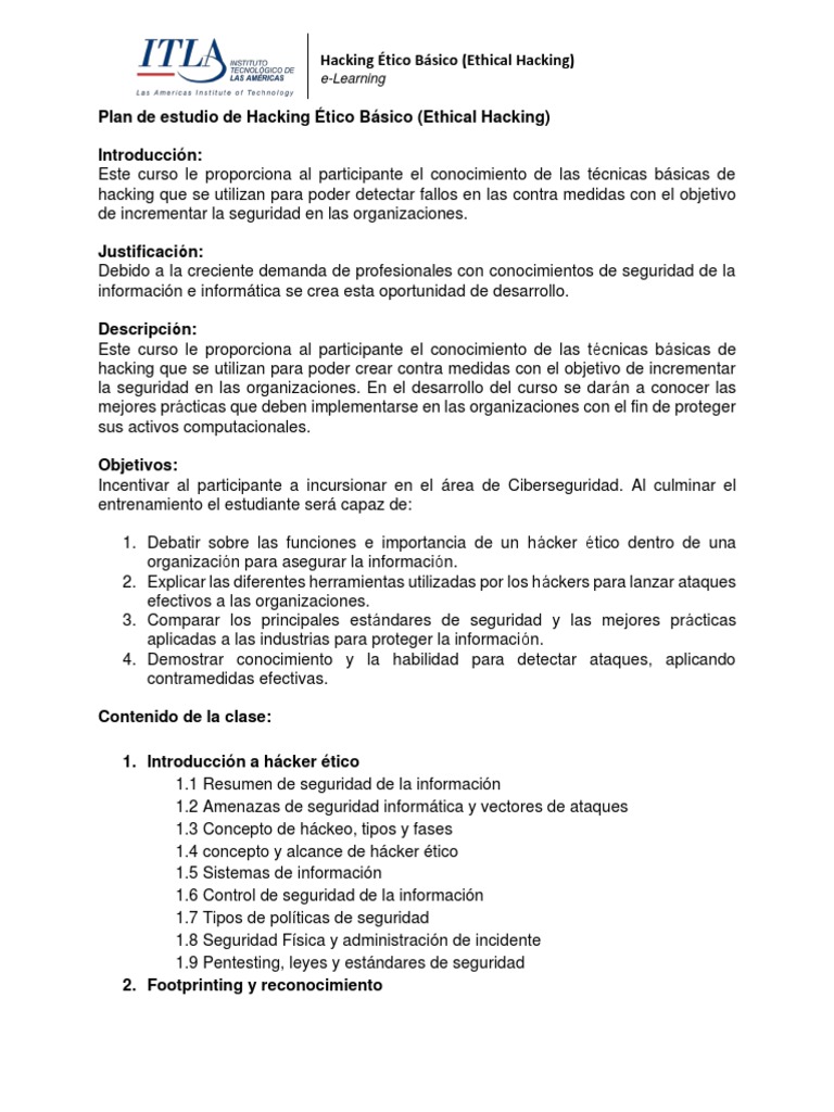 Plan de Estudio de Hacking Ético Básico | PDF | Seguridad | La ...