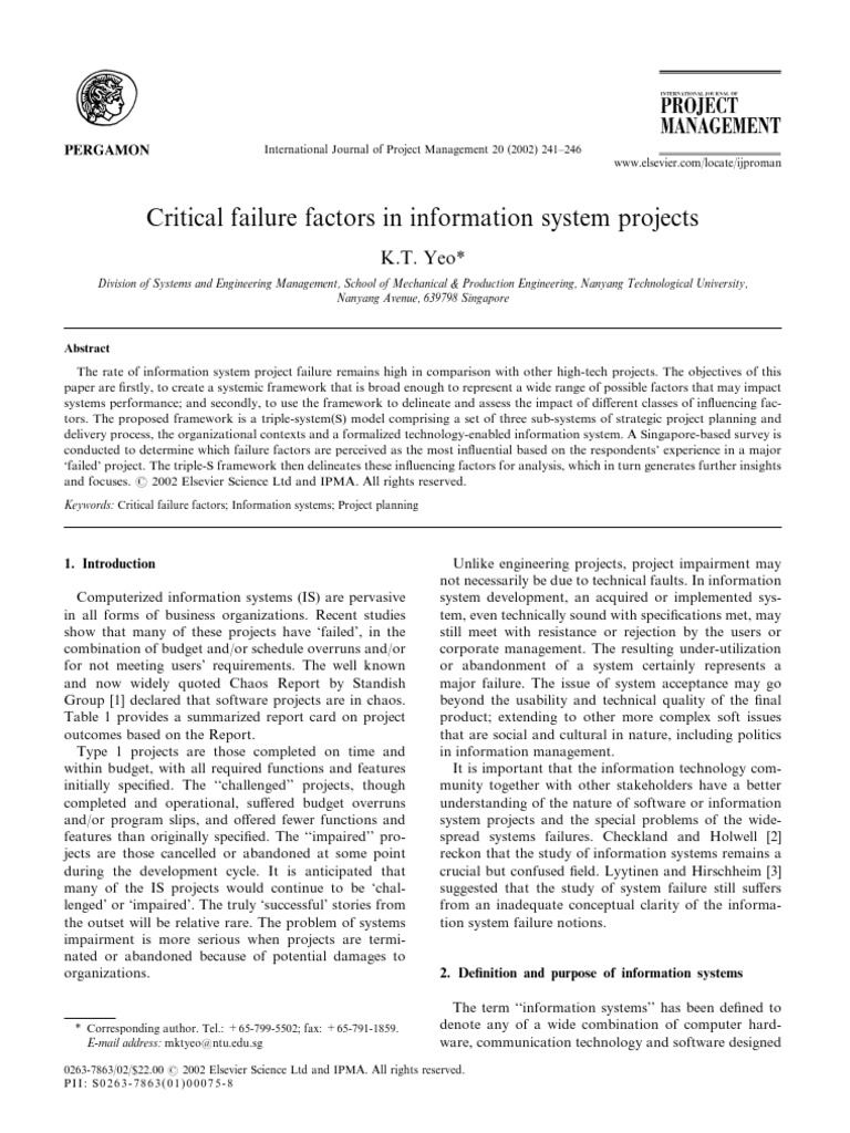 Critical Failure Factors in Information System Projects: K.T. Yeo ...