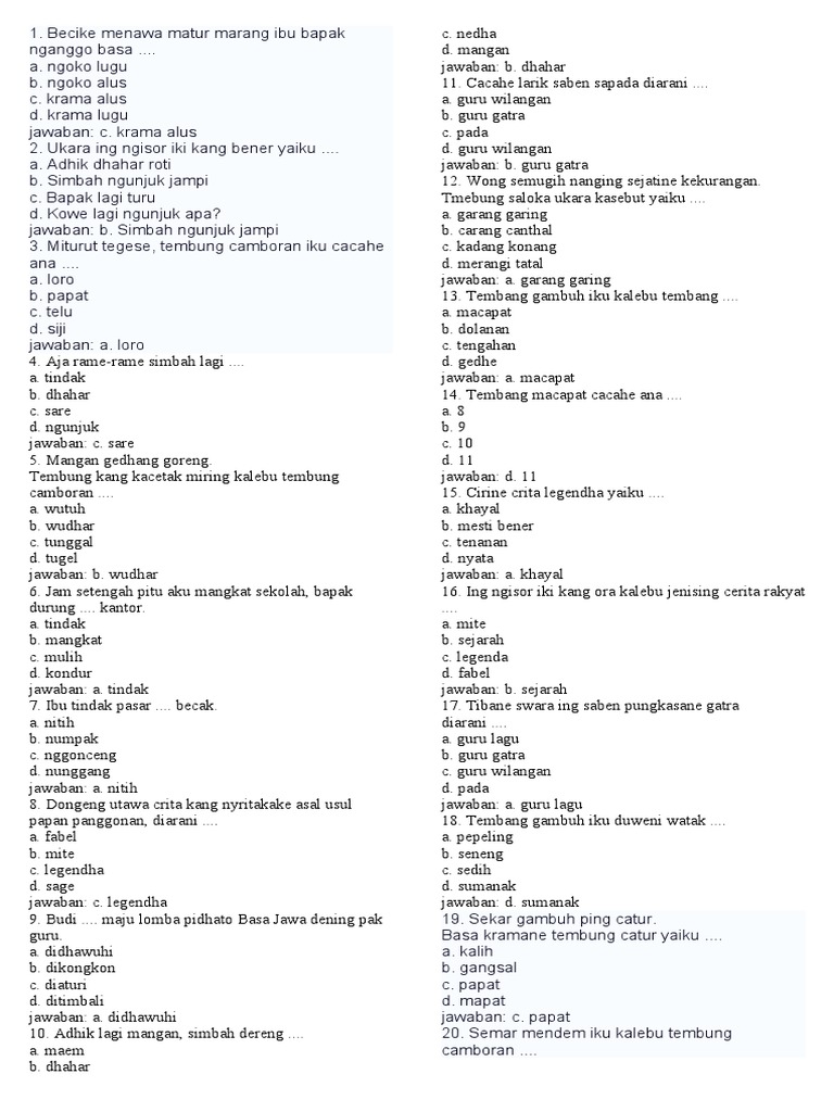 Soal Bahasa Jawa: Krama Alus dan Cerita Rakyat | PDF
