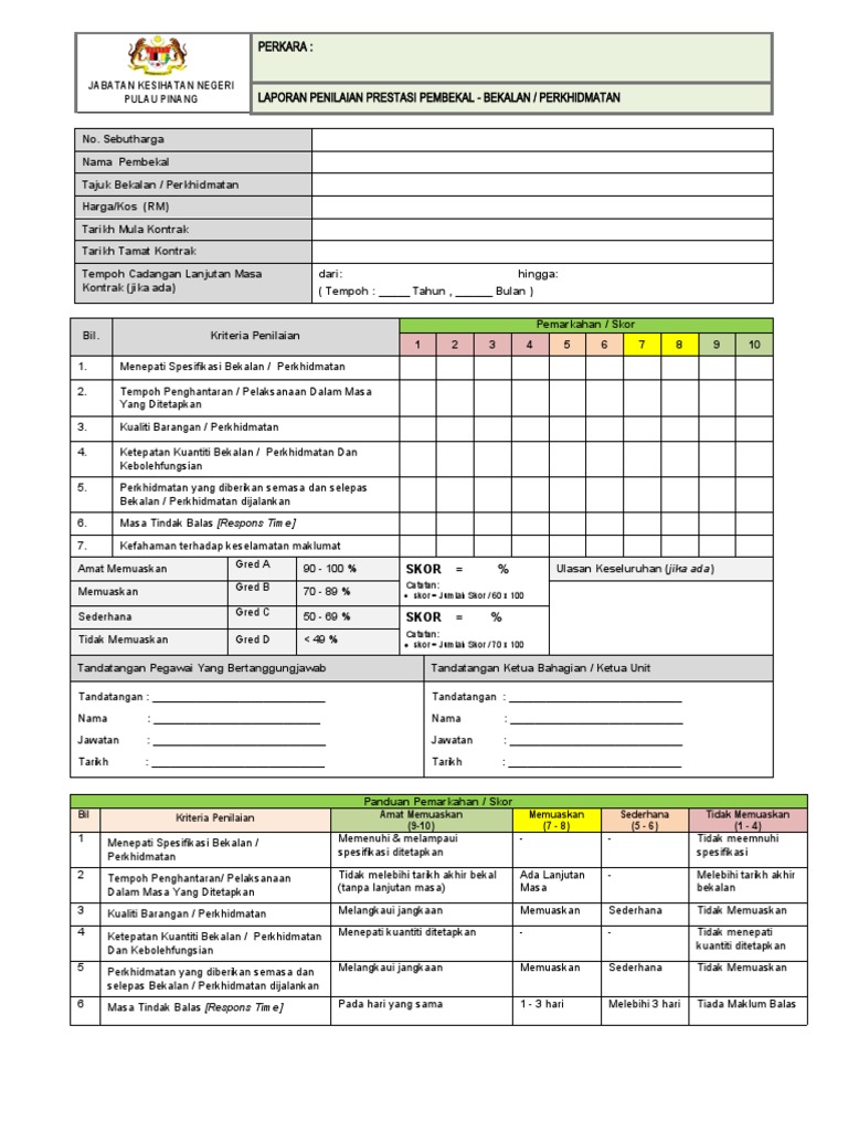Borang Penilaian Prestasi Pembekal Bekalan Dan Perkhidmatan | PDF