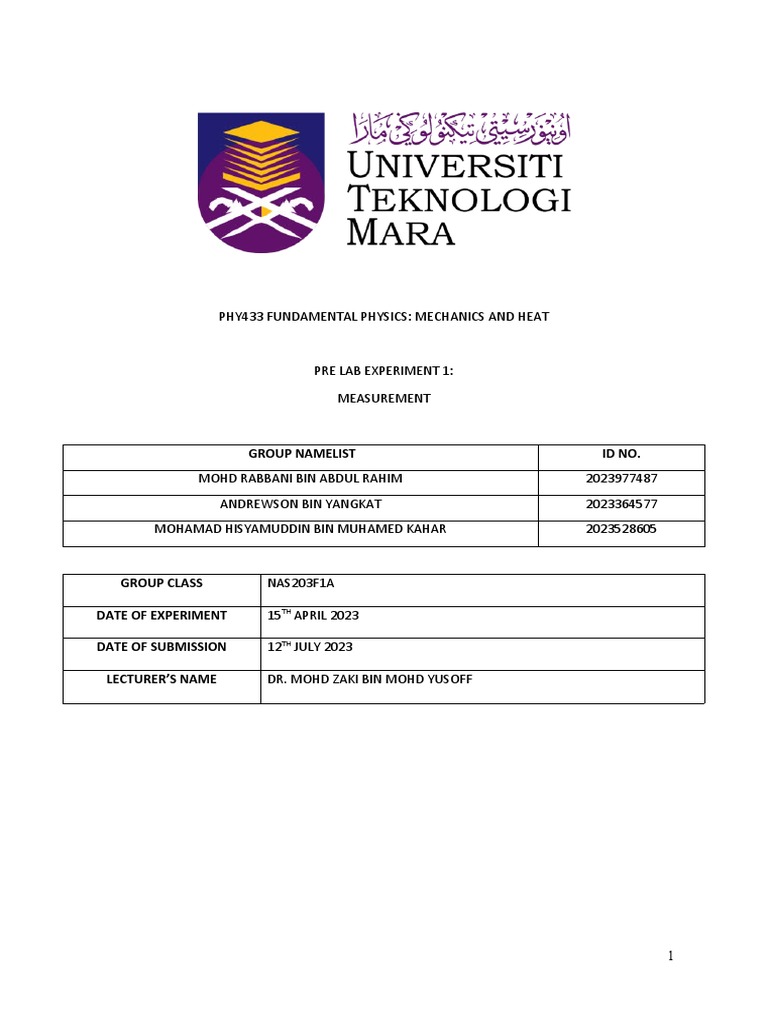 Phy433 Lab Report 1 | PDF | Weighing Scale | Accuracy And Precision