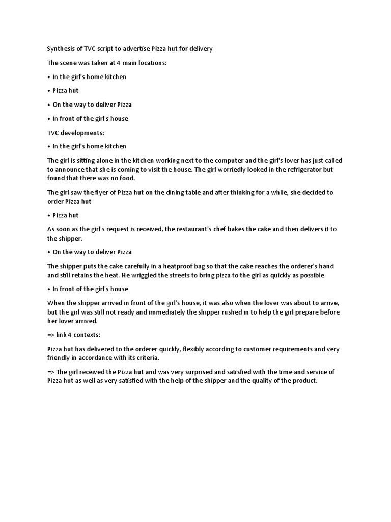 Pizza Hut Delivery TVC Script | PDF