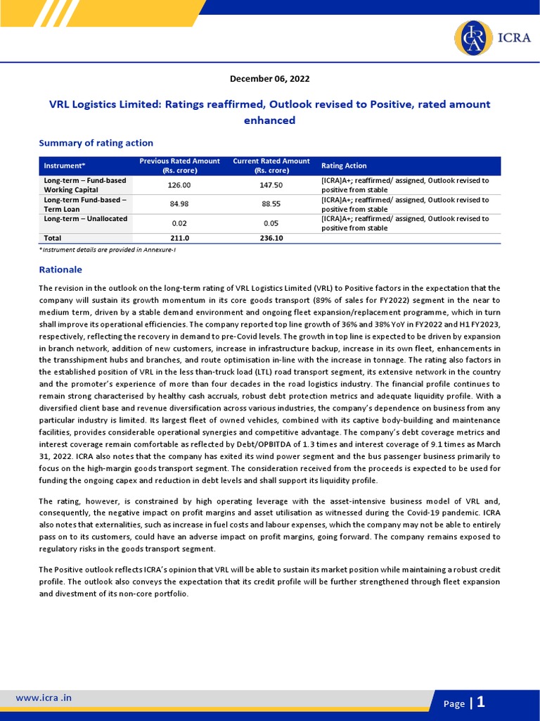 VRL Logistics Limited | PDF | Leverage (Finance) | Credit Rating Agency