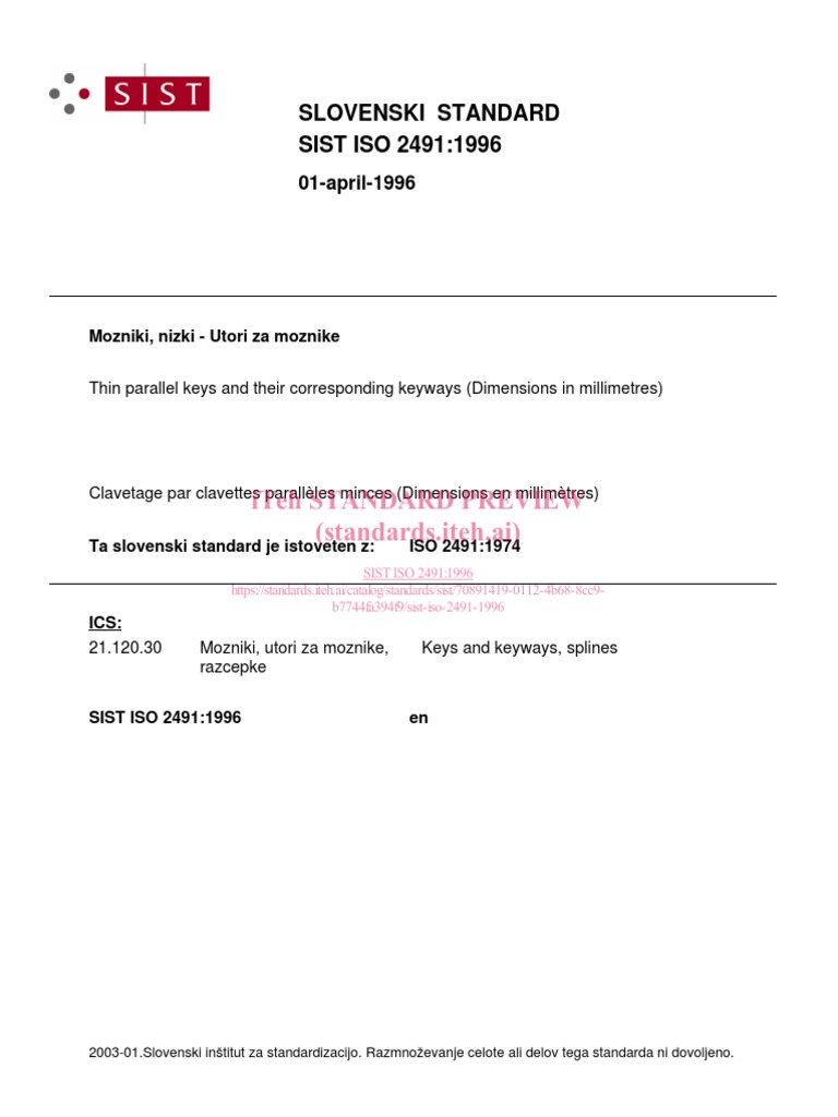 ISO 2491: Thin Parallel Keys Standard | PDF | Engineering Tolerance ...