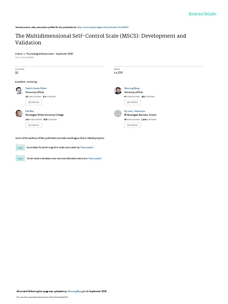 Multidimensional Self-Control Scale Validation | PDF | Self Control ...