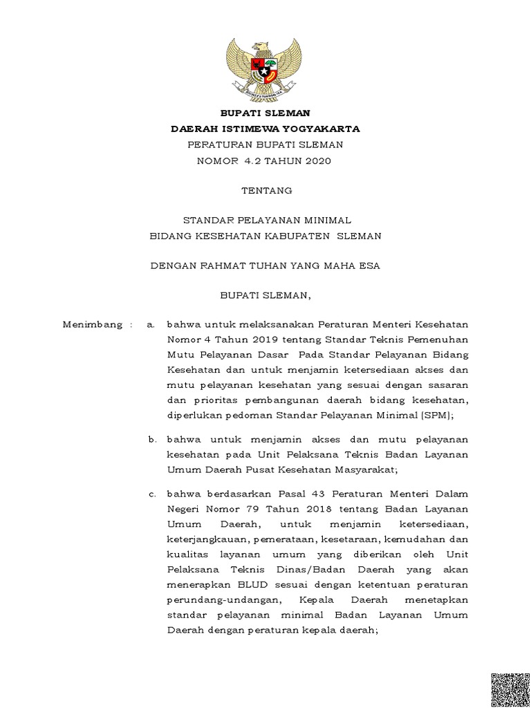 Perbup Sleman Nomor 4.2 Tahun 2020 TTG Standar Pelayanan Minimal Bidang Kesehatan | PDF