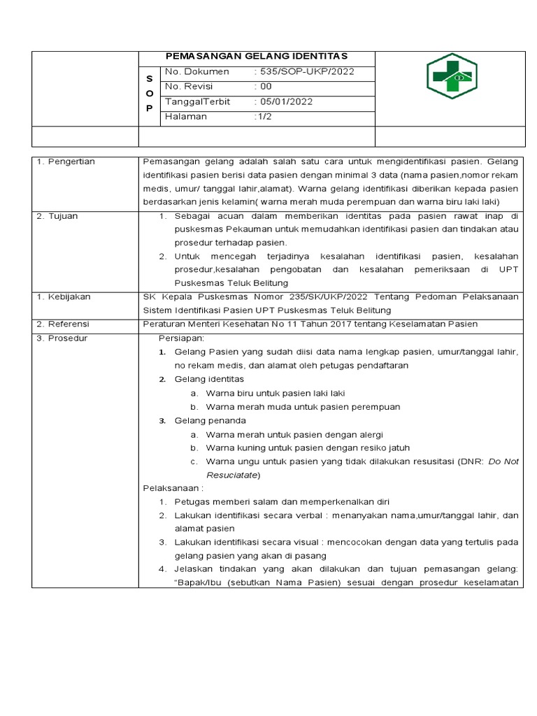 Sop Pemasangan Gelang Identitas | PDF